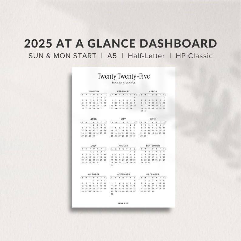 2025 Year at A Glance Printable Insert, PDF Download Calendar in Sizes ...