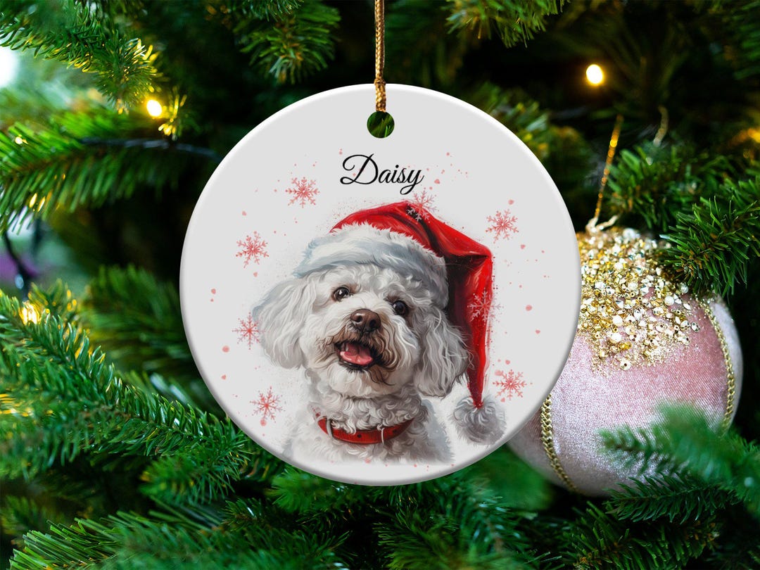 Cute Bichon Frise in Santa Hat Custom Christmas Ornament, Festive ...