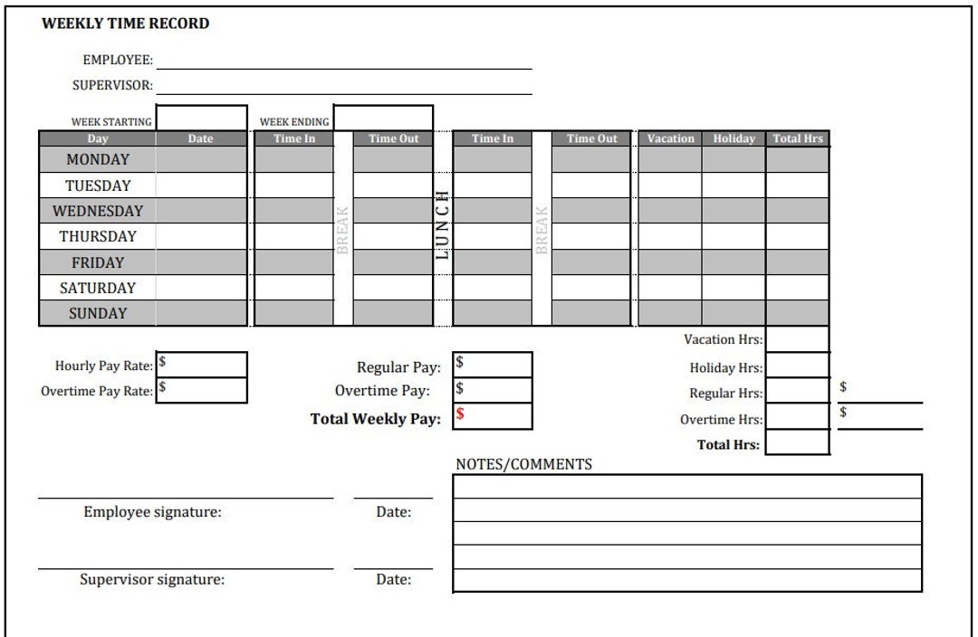 Printable Individual Time Sheet - Etsy
