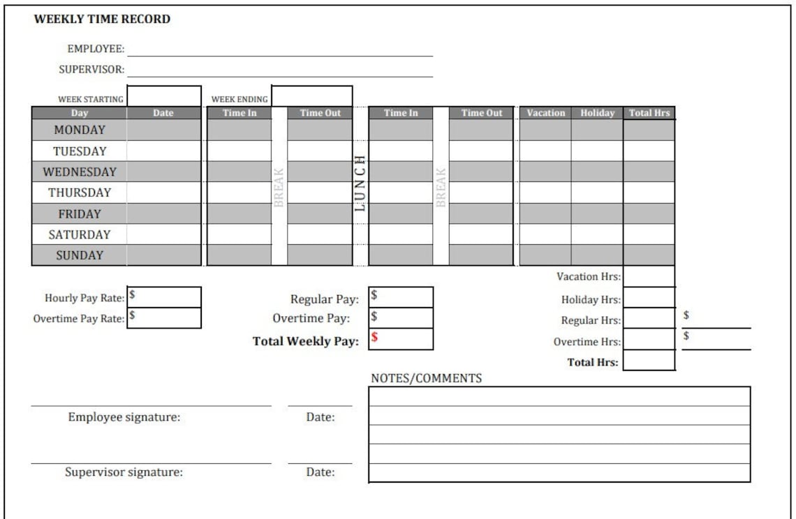 Printable Individual Time Sheet - Etsy