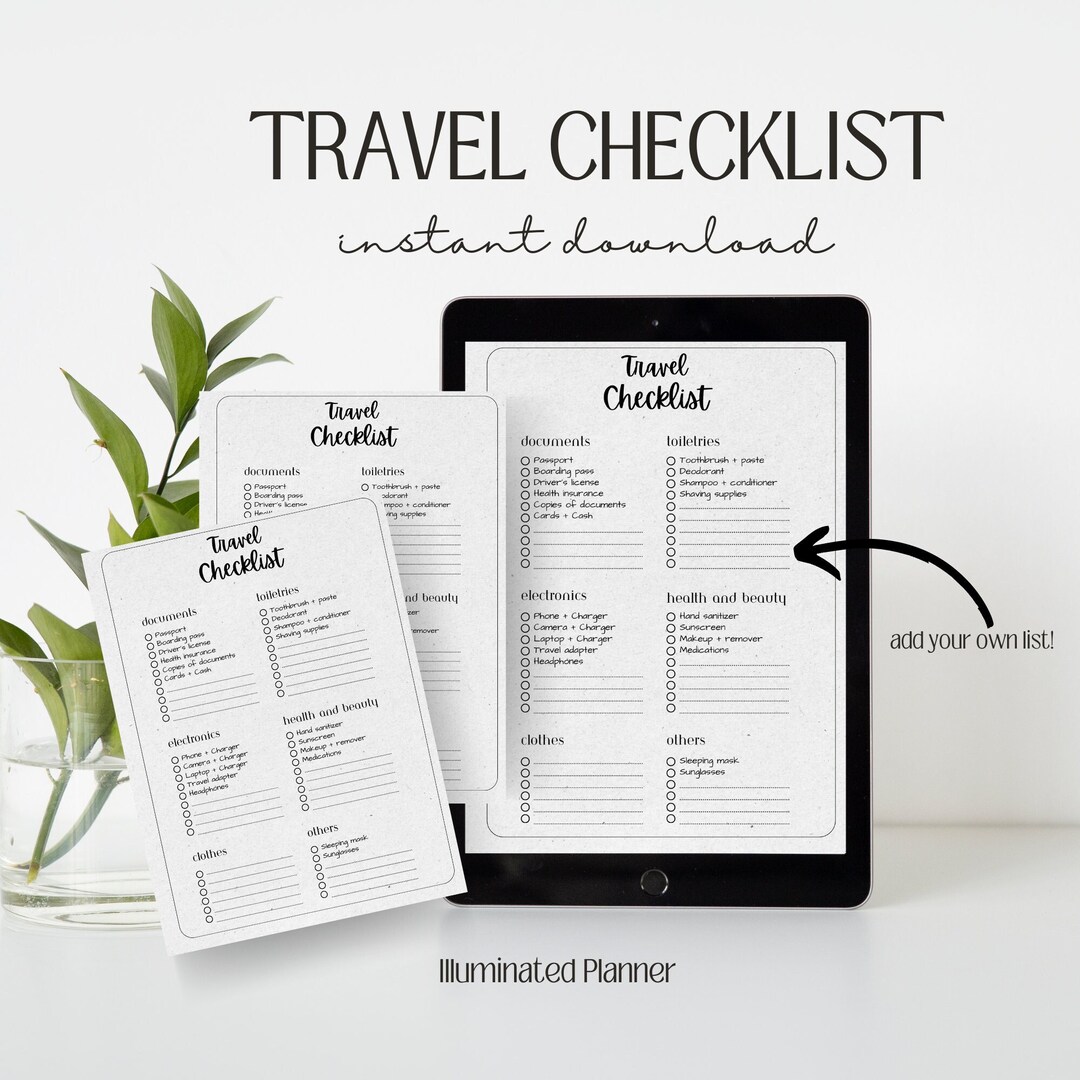 Blank Travel Checklist Printable Travel Check List Template Digital ...