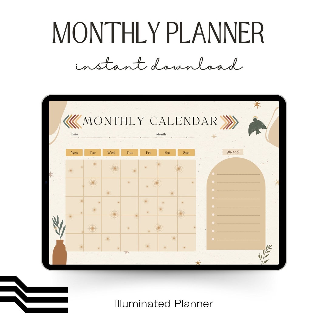 Monthly Planner Printable Landscape, Boho Cute Monthly Organizer, Month ...