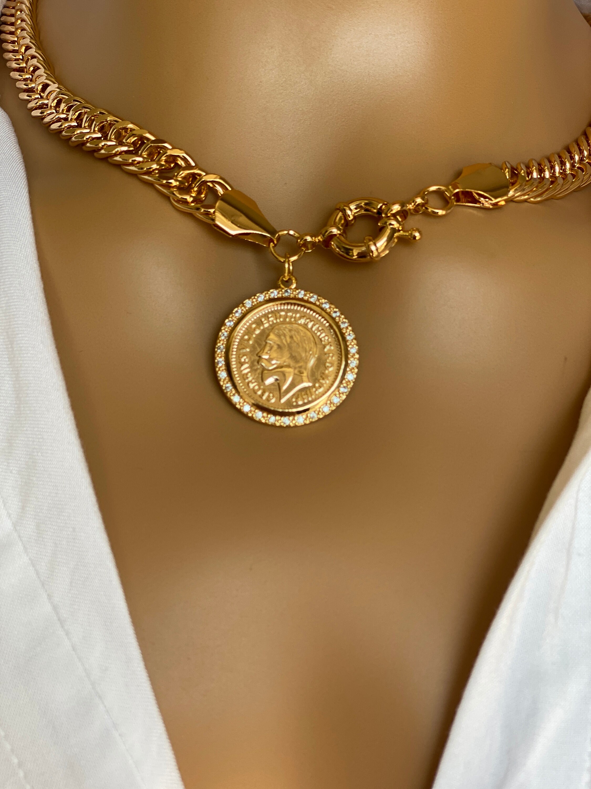Gold Miami Cuban Chain Necklace With Gold Double Face Middle East Style ...