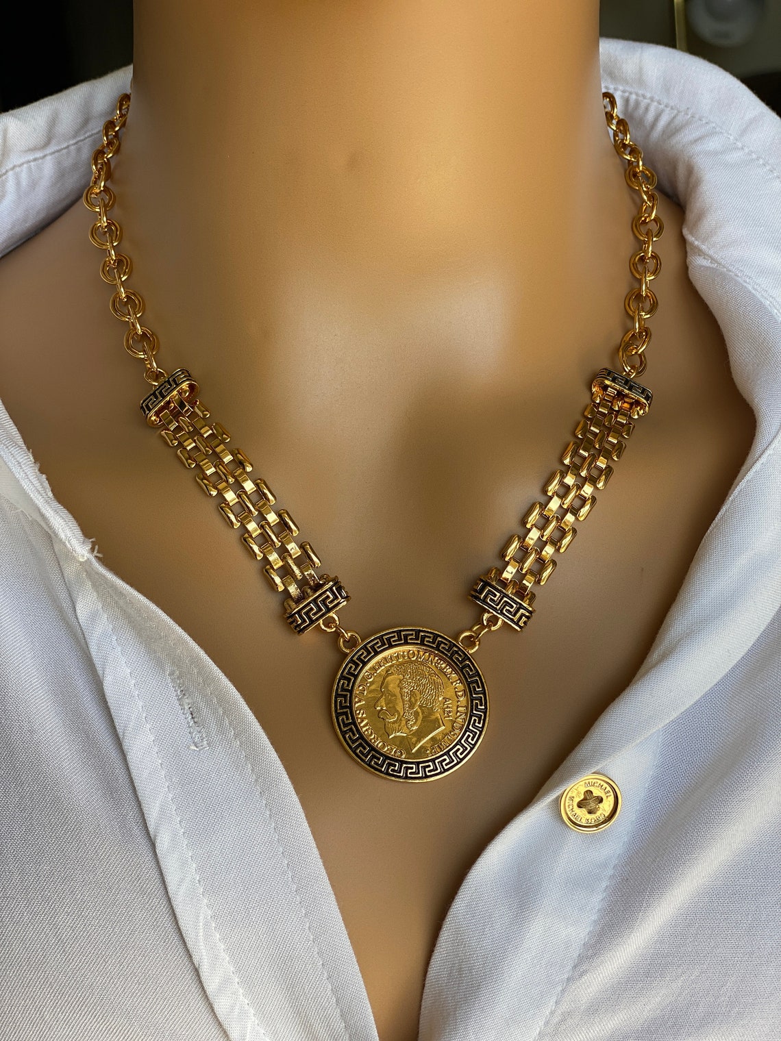 Gold Rolo Chain Necklace With Gold Middle East Style Coin Black Greek ...