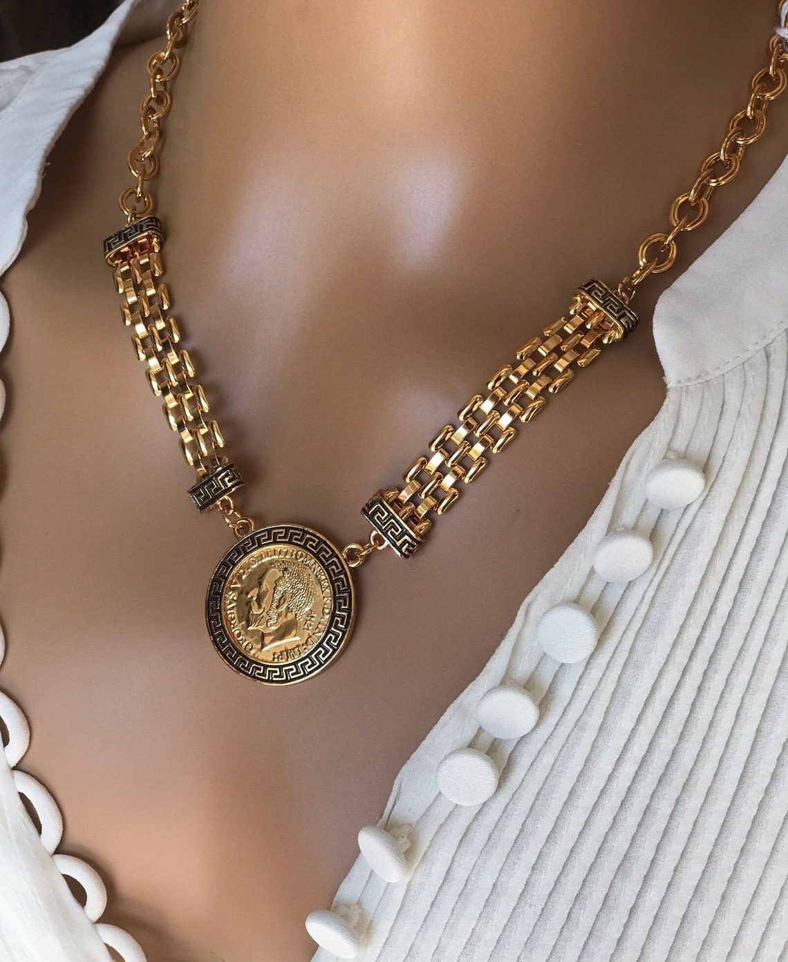 Gold Rolo Chain Necklace With Gold Middle East Style Coin Black Greek ...