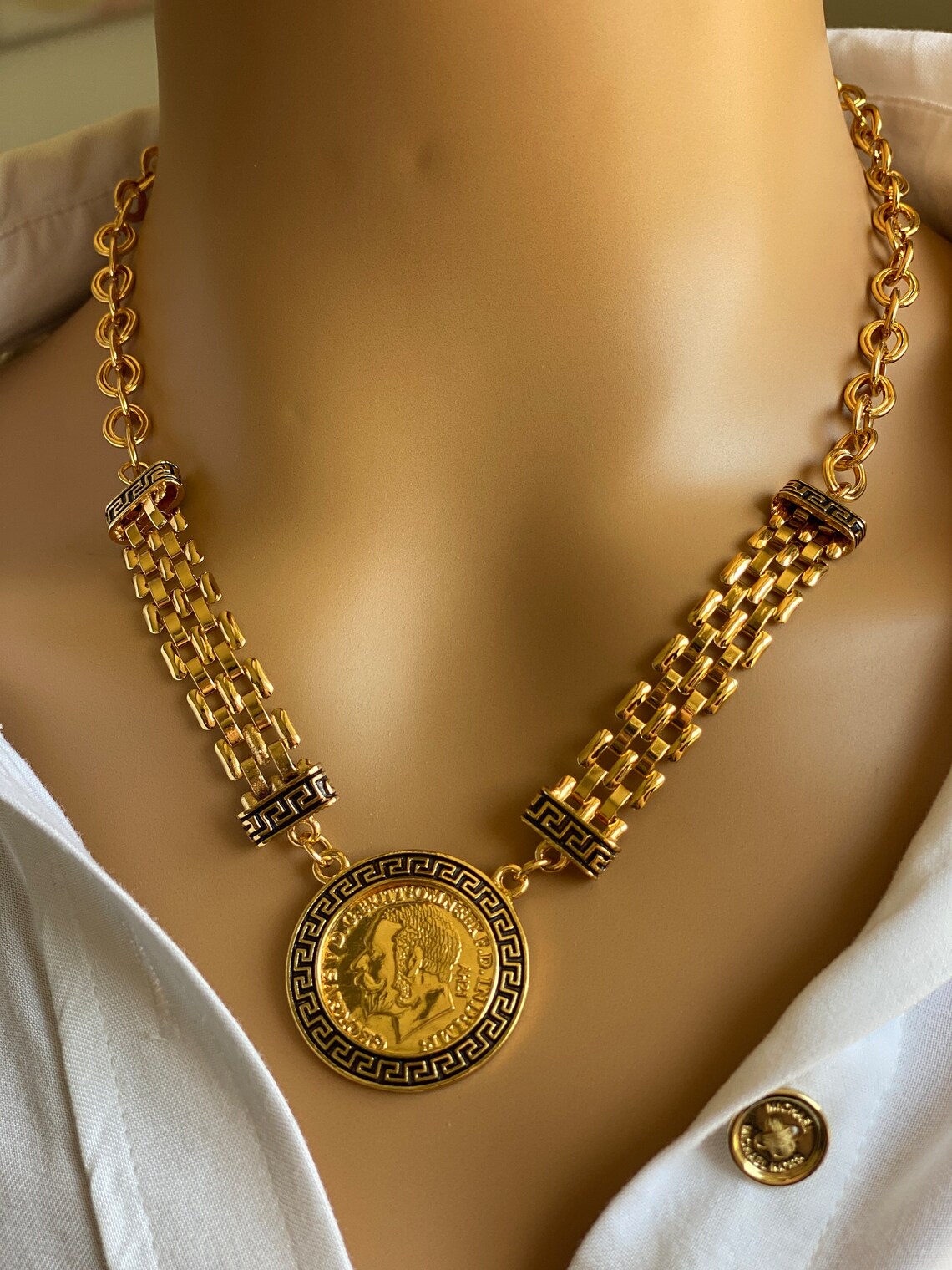 Gold Rolo Chain Necklace With Gold Middle East Style Coin Black Greek ...