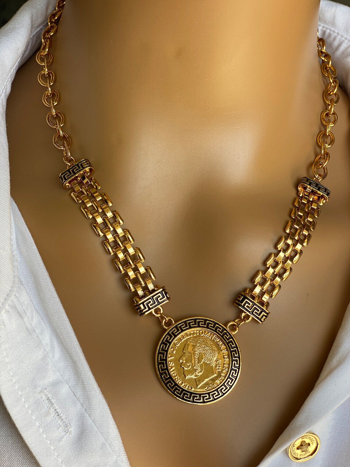 Gold Rolo Chain Necklace With Gold Middle East Style Coin Black Greek ...
