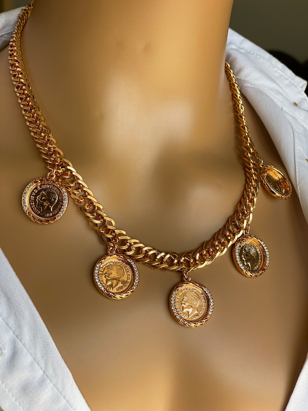 Gold Miami Cuban Chain Necklace With Gold Middle East Style Double Face ...