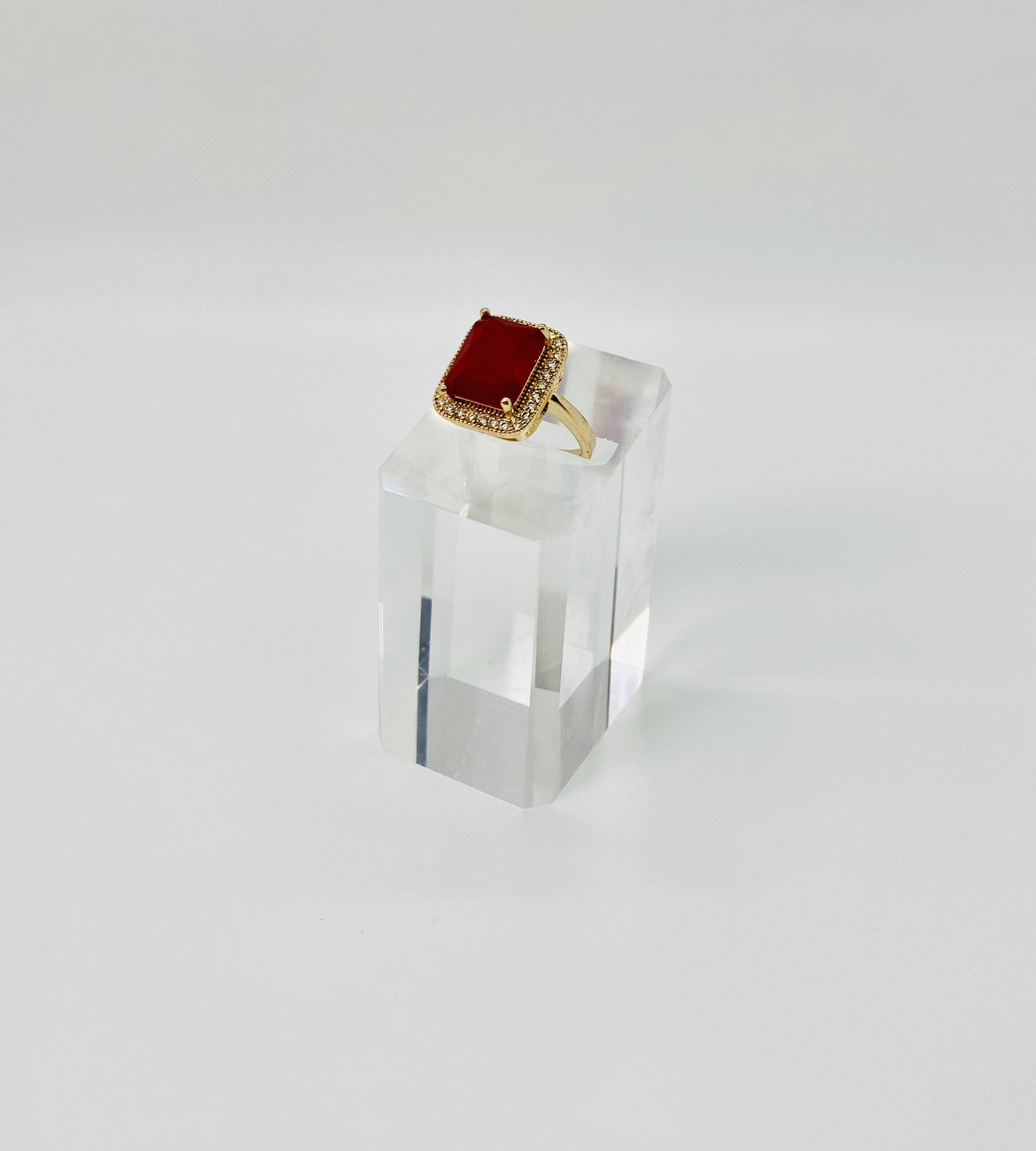 Vintage Emerald Cut Ring, Ruby Gemstone With Rhinestones Frame Gold ...