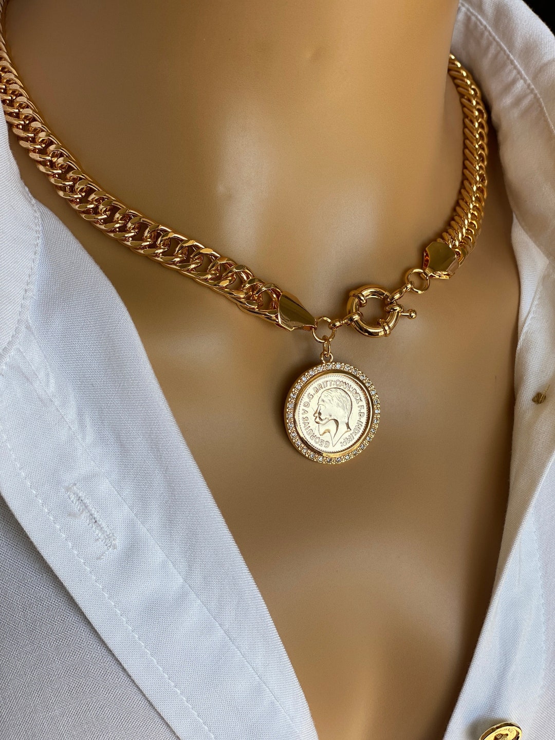 Gold Miami Cuban Chain Necklace With Gold Double Face Middle East Style ...