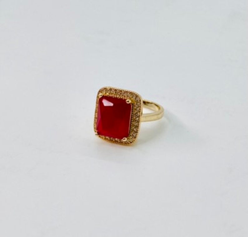 Vintage Emerald Cut Ring, Ruby Gemstone With Rhinestones Frame Gold ...