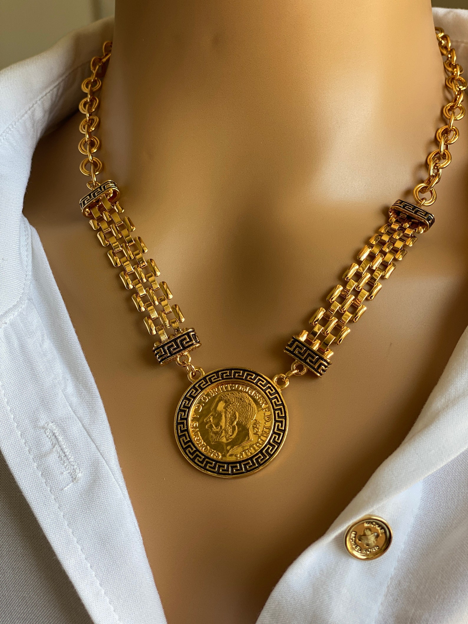 Gold Rolo Chain Necklace With Gold Middle East Style Coin Black Greek ...