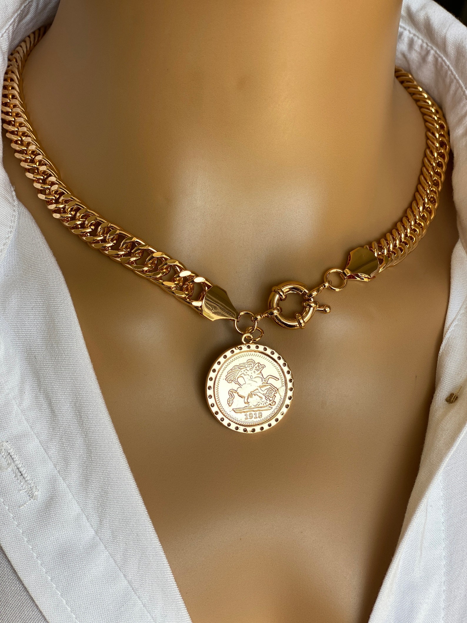 Gold Miami Cuban Chain Necklace With Gold Double Face Middle East Style ...