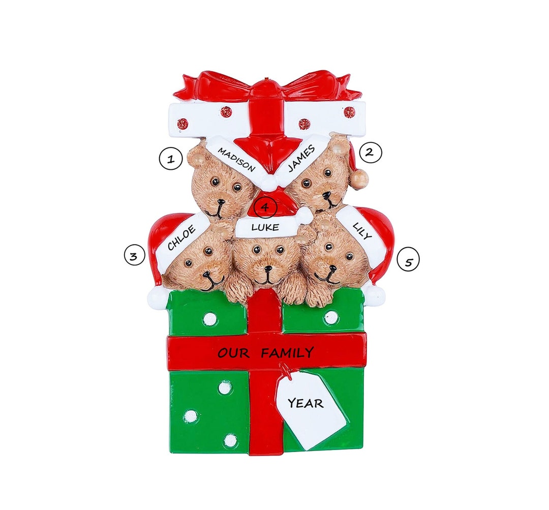 Personalized Family of 5 Bears in Present Personalized Ornament ...