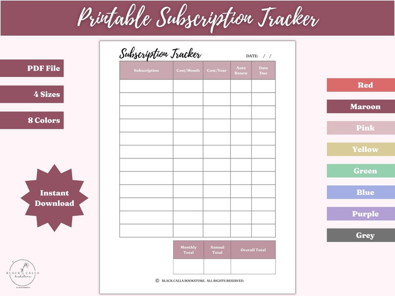 Subscription Tracker Printable, Printable Subscription Log ...