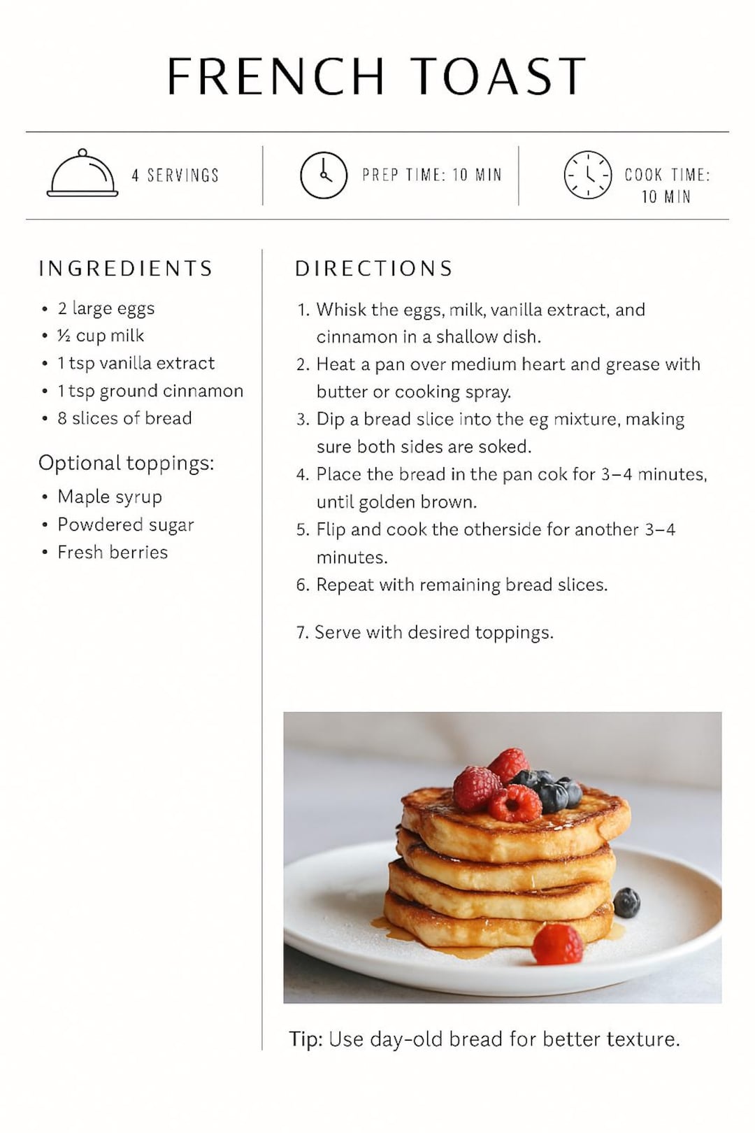 French Toast Recipe Card – Printable Breakfast Recipe Template With ...
