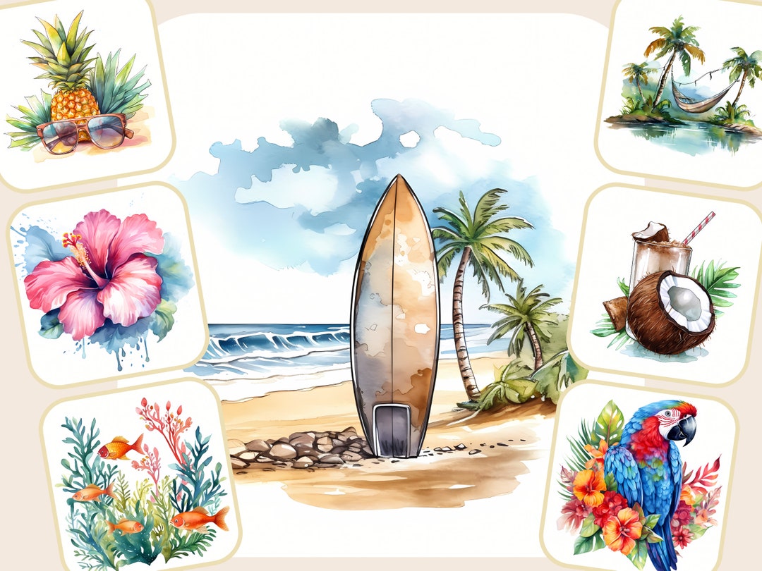 54 Tropical Paradise Watercolor Clipart Exotic Island Illustrations ...