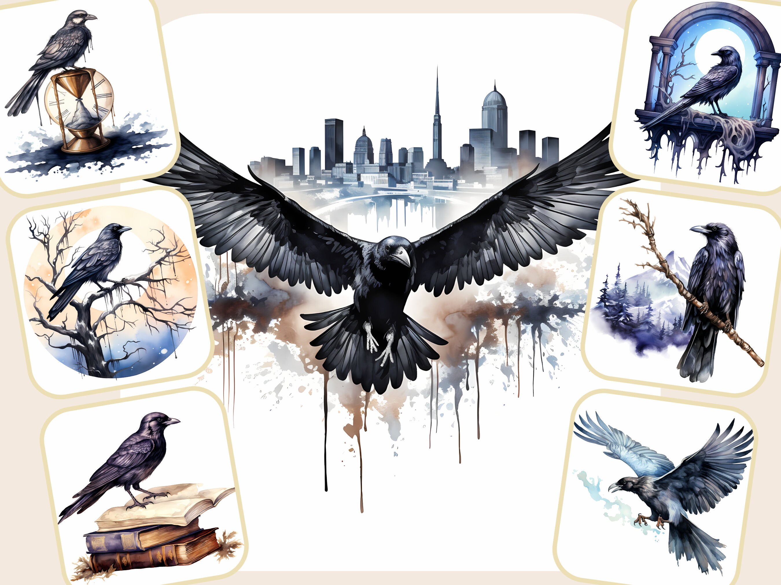 54 Mystic Raven Watercolor Gothic Bird Art Dark Raven Clipart Bundle ...