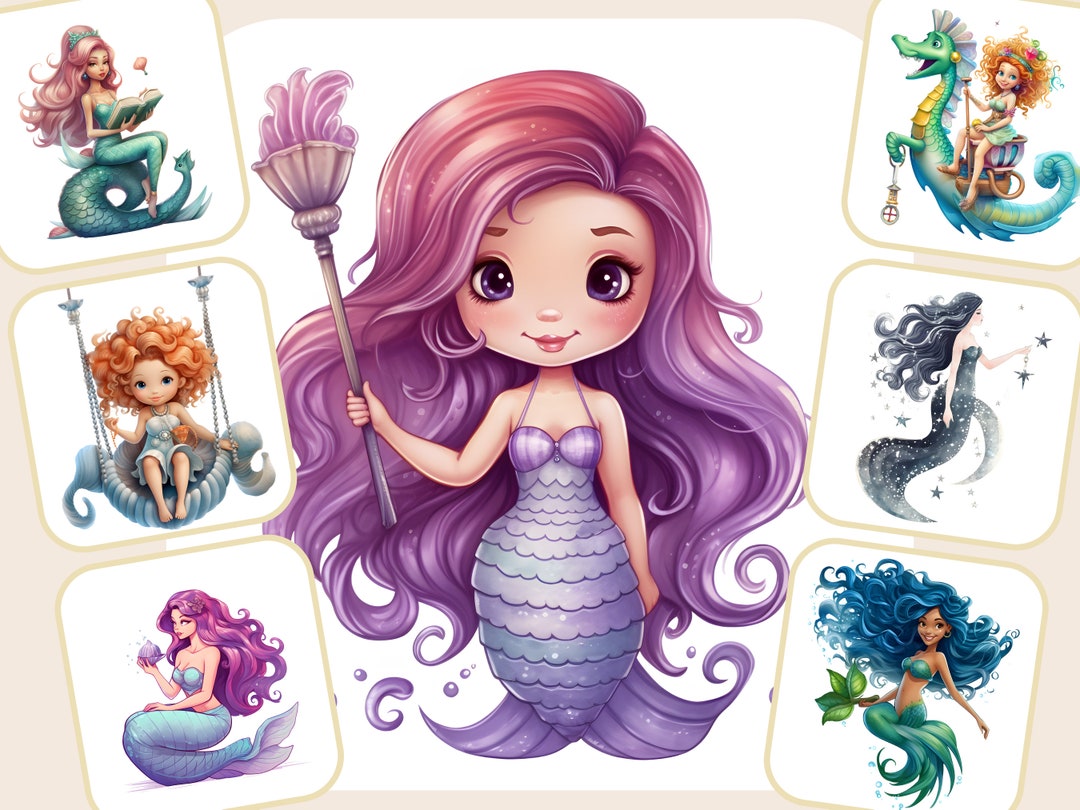 54 Mermaid Clipart Bundle Fantasy Sea Creatures Illustrations for ...