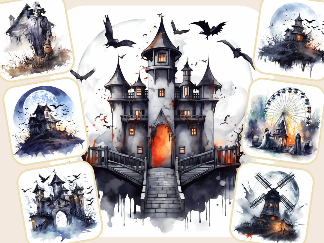 54 Haunted House Watercolor Clipart Spooky Scary Vintage Buildings High ...