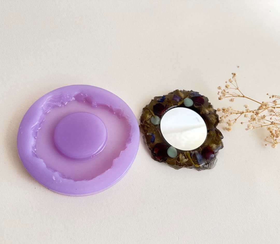Round Mirror Resin Mold With Crystal Edges Makeup & Silicone Handle ...