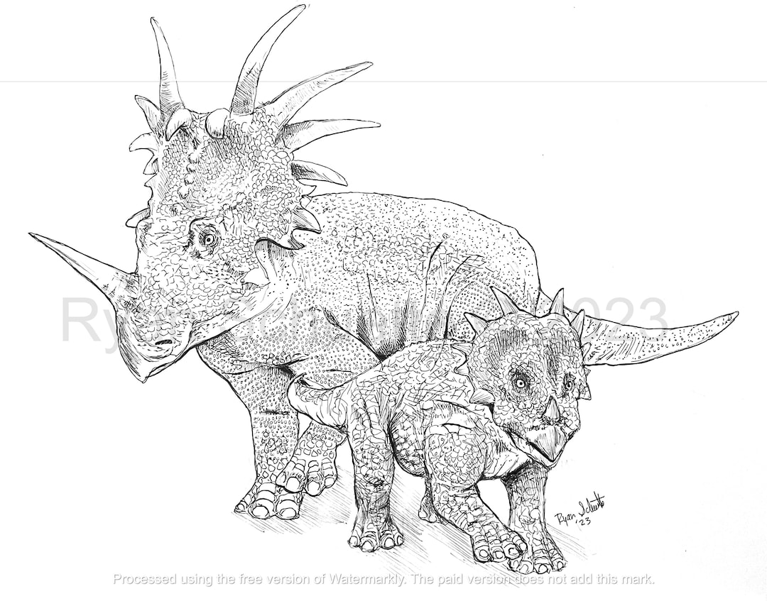 Styracosaurus and Infant | Dinosaur Coloring Page, Printable Art for ...