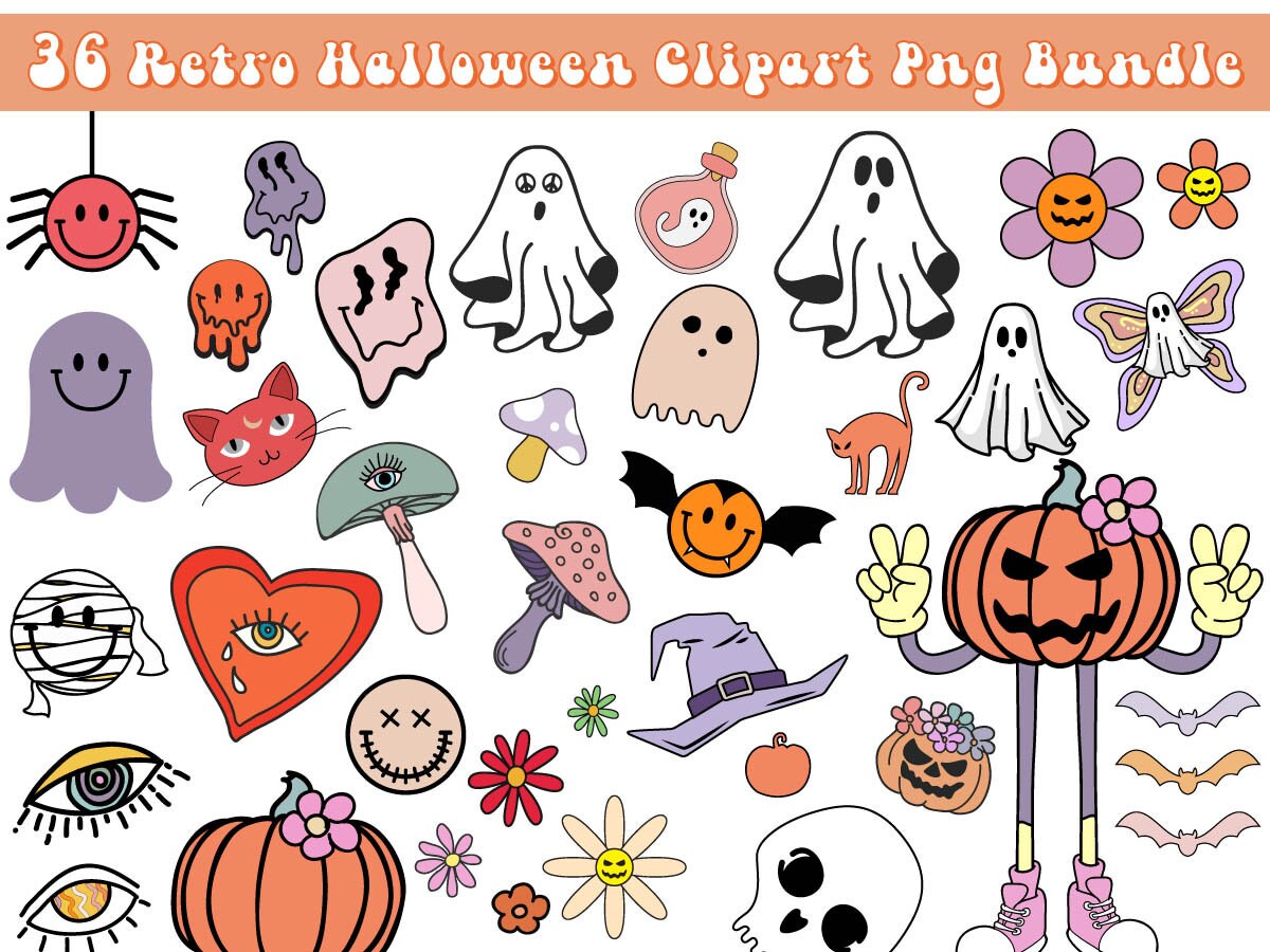 Groovy Halloween Clipart Bundle Png Retro Halloween Clipart - Etsy