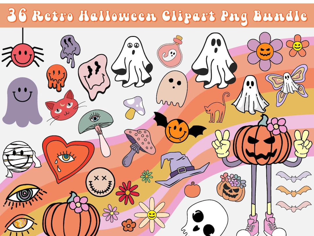 Groovy Halloween Clipart Bundle Png, Retro Halloween Clipart Bundle, 36 ...