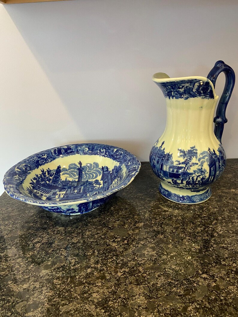 Vintage Ironstone Flow Blue Large Water Pitcher and Basin Victoria Ware ...