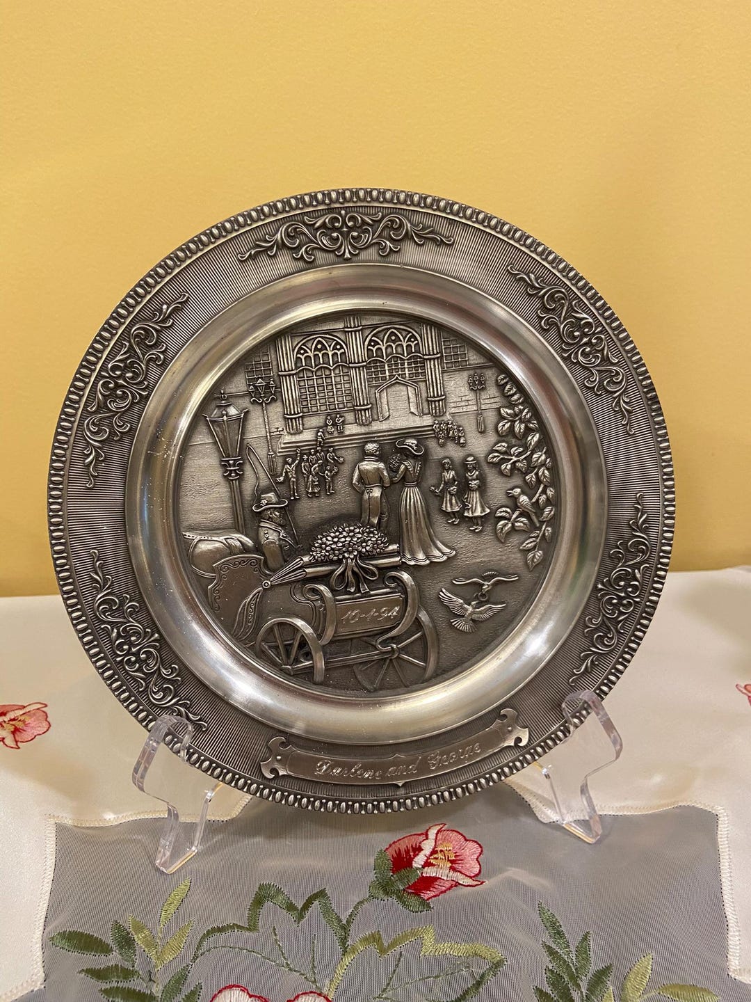 Vintage Wedding Scene Pewter Plate Engraved Darlene & George 10-01-94 ...