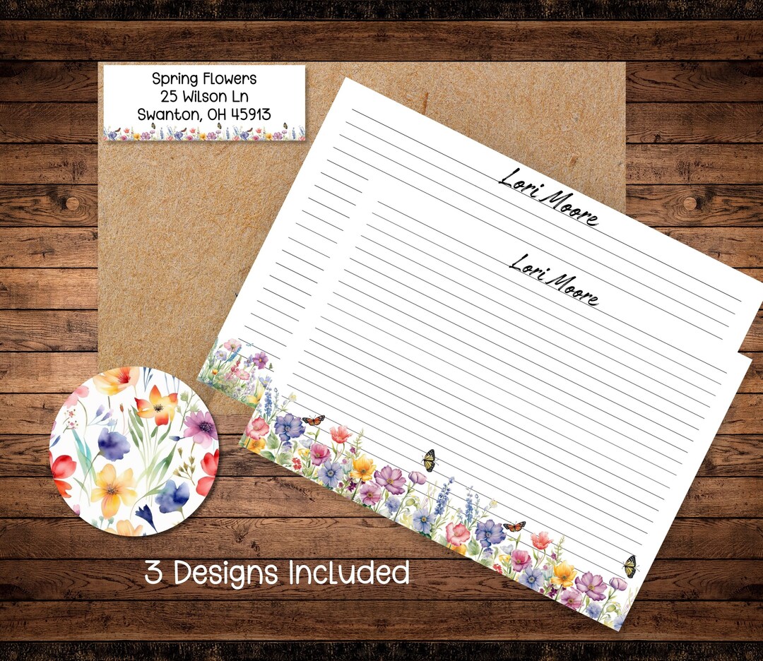 Colorful Flower Border Stationery Set Items: Flat Notecards With ...