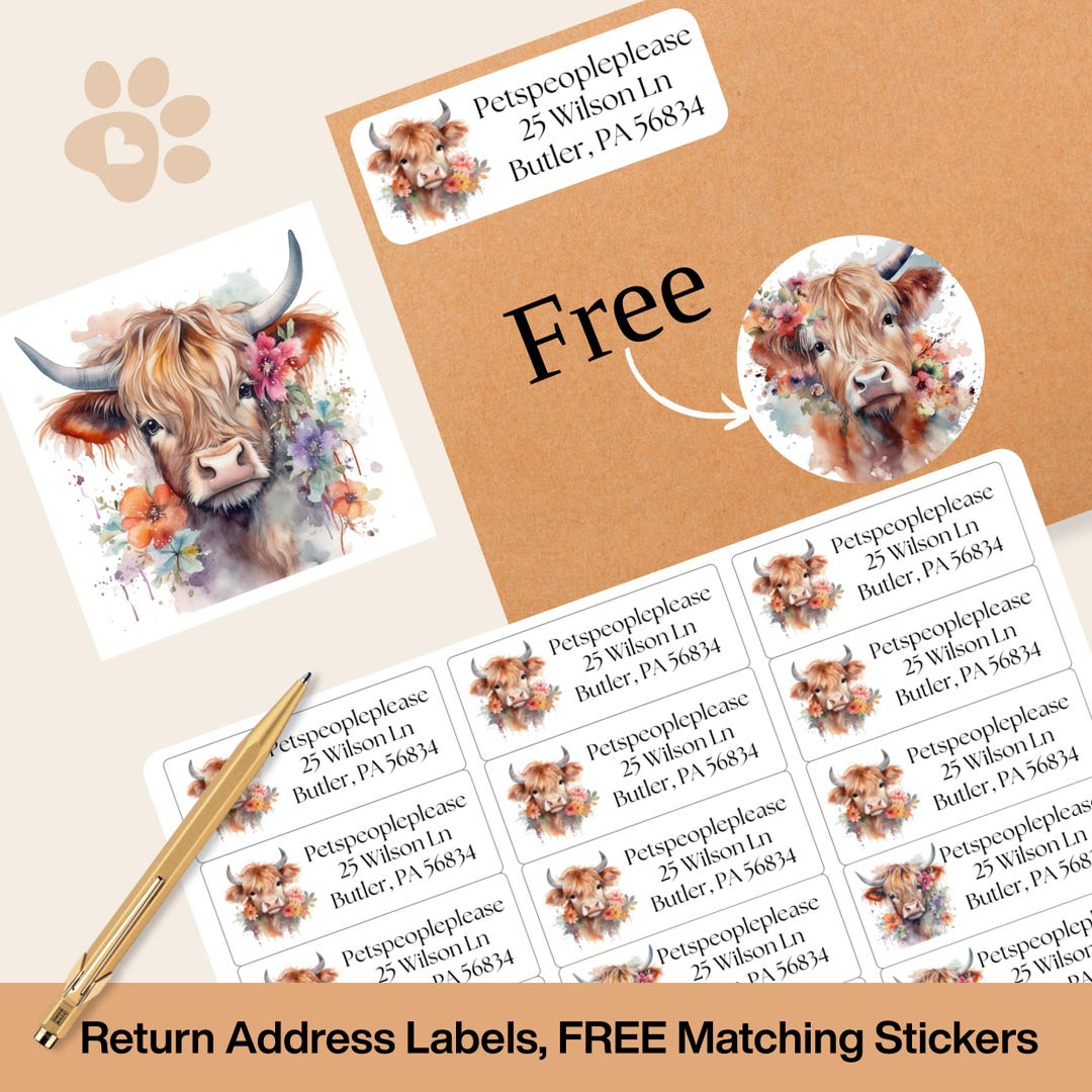 Highland Cow Address Labels With FREE Stickers, Floral Cow Envelope ...