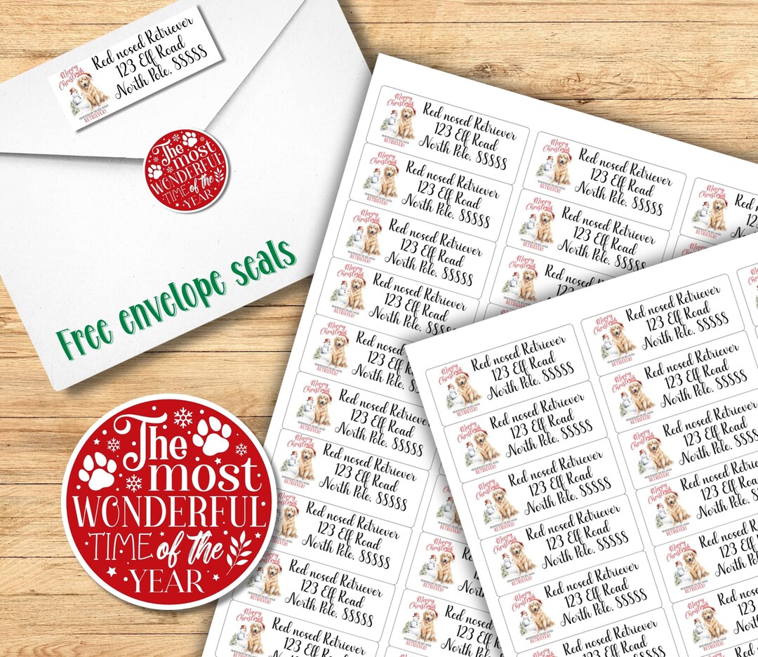 Golden Christmas Return Address Labels Retriever Card Addressing ...