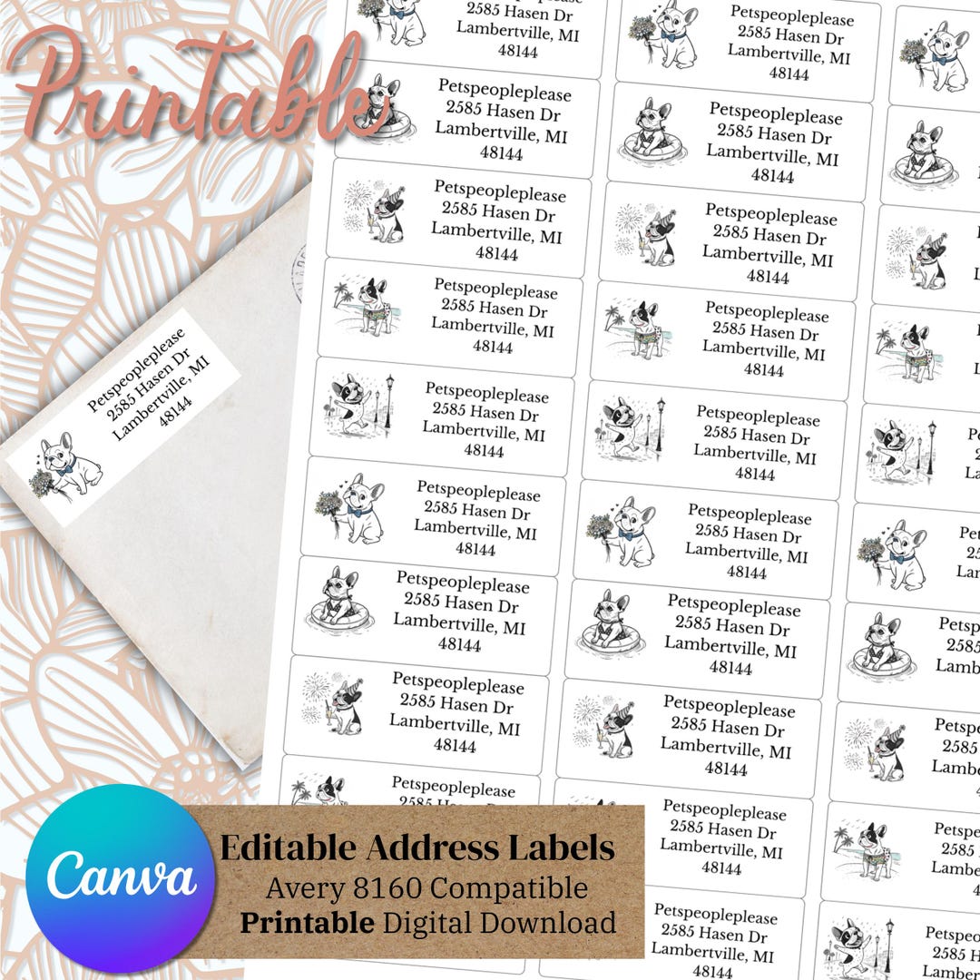 Editable French Bulldog Address Label Template, Canva Printable, Custom ...
