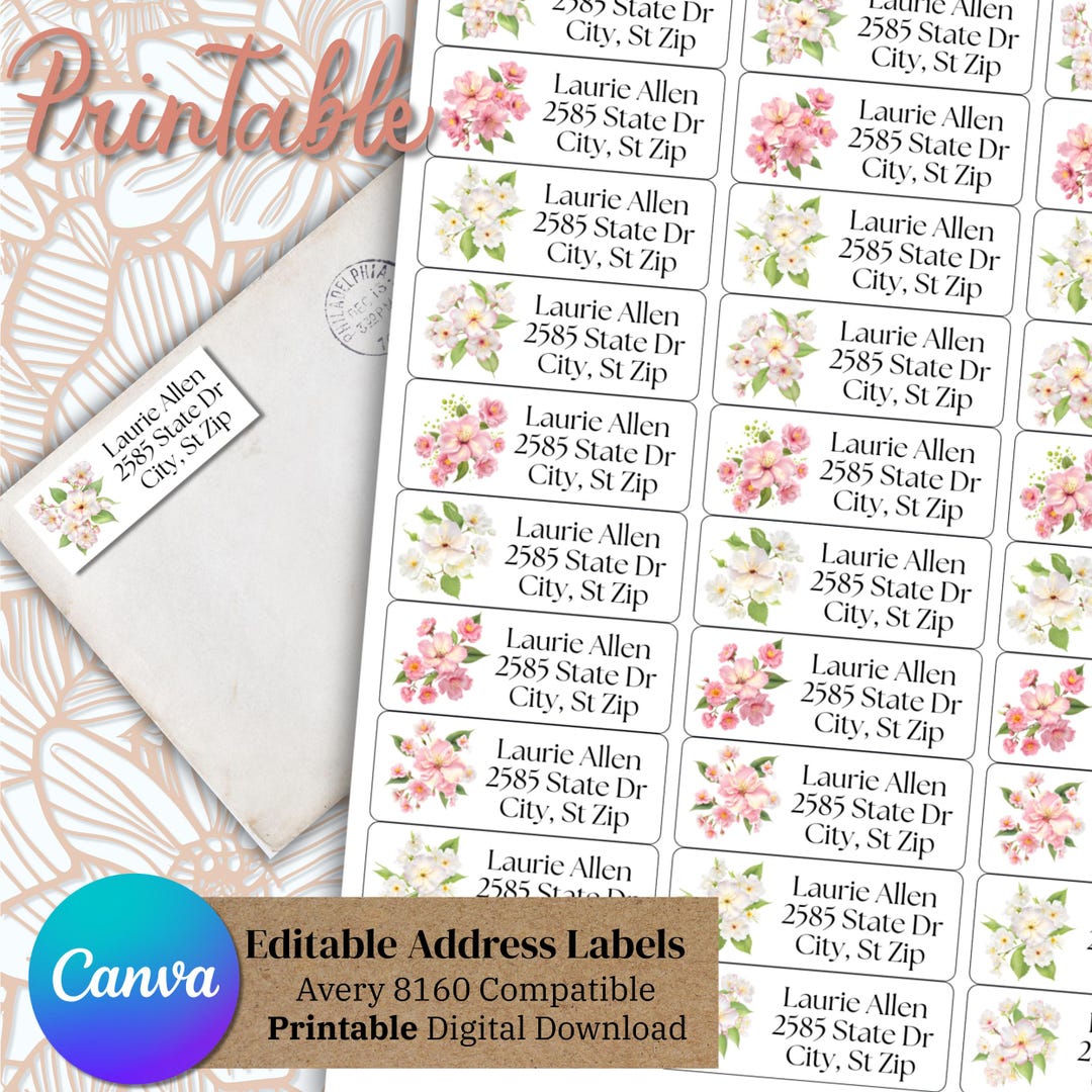 Editable Cherry Blossom Address Label Template Canva, Pink Floral Avery ...