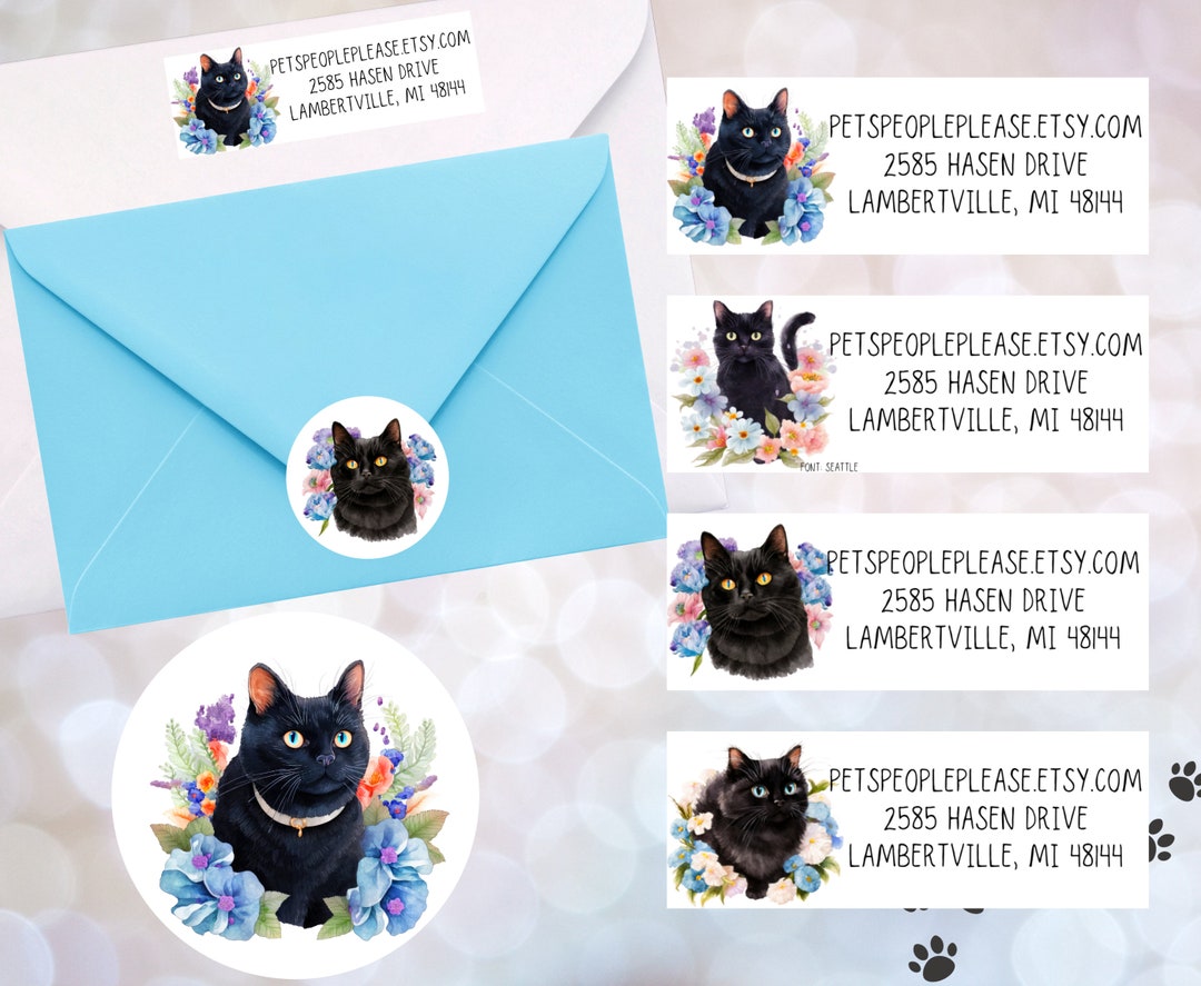 Black Cat Return Address Labels -cat Stationary Set - Cat Lover Mom ...