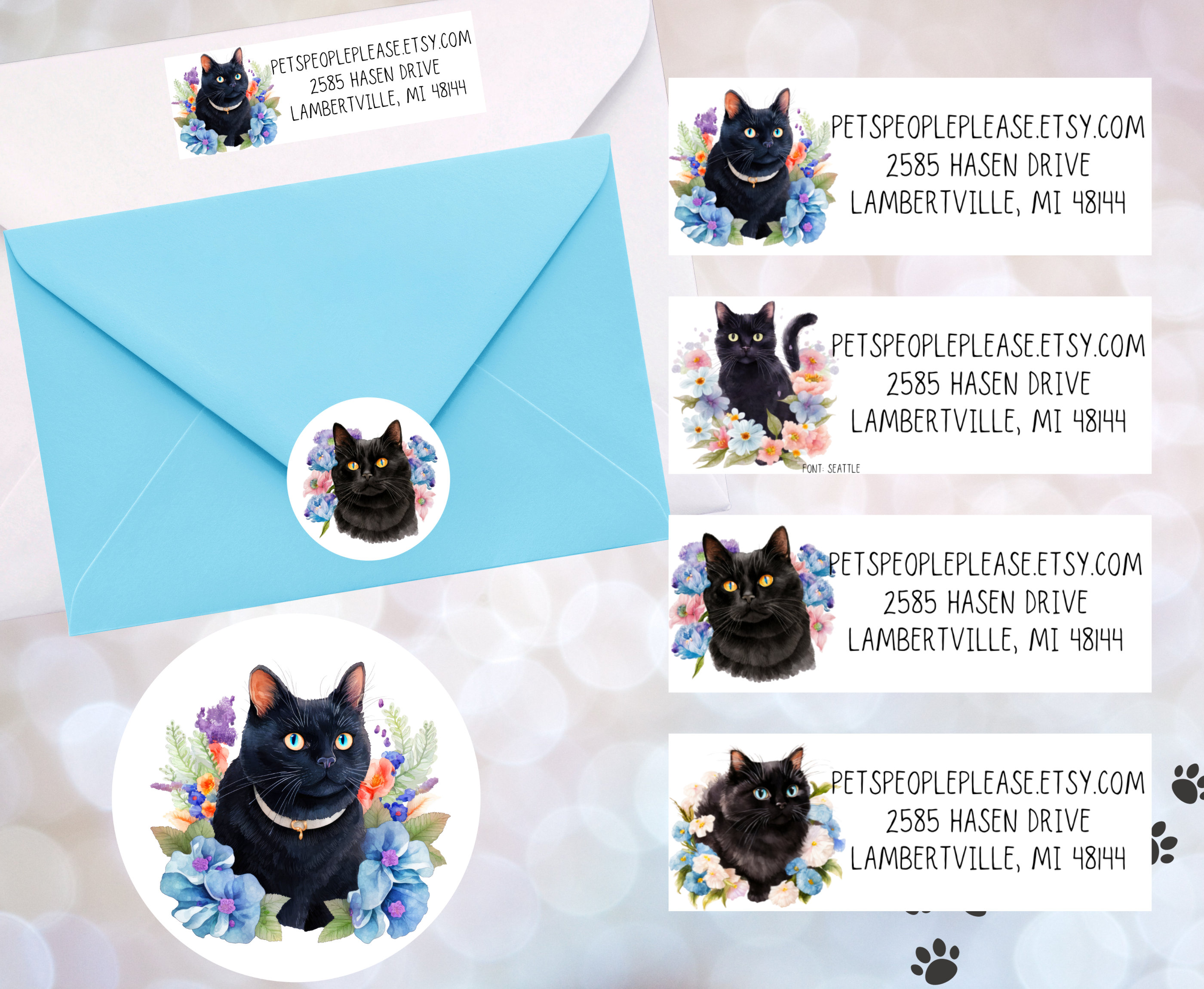 Black Cat Return Address Labels cat Stationary Set Cat Lover Mom Gift ...