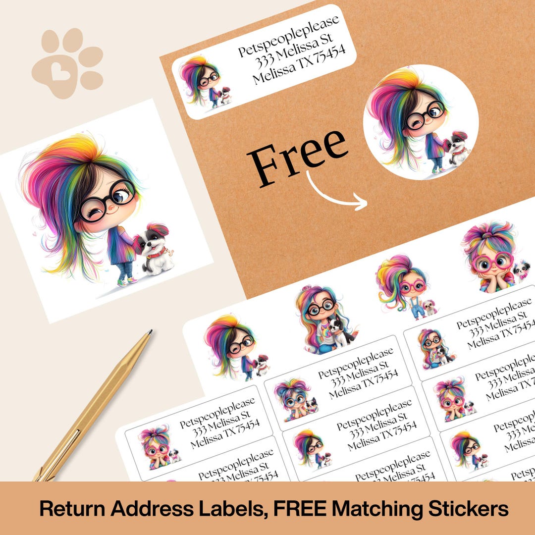 Quirky Girl & Dog Return Address Label With FREE Matching Envelope Seal ...