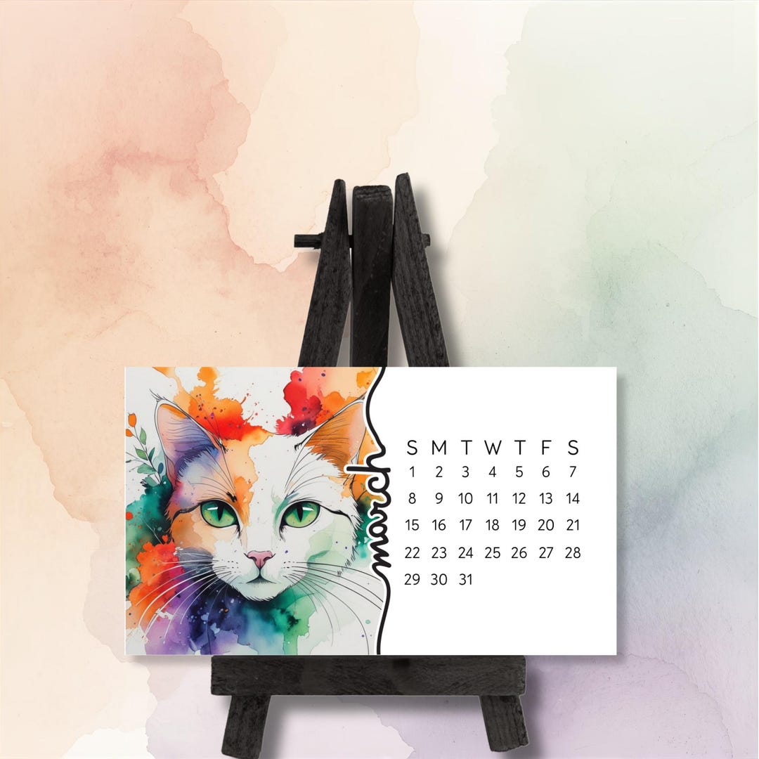 2026 Mini Cat Desk Calendar – Flowing Watercolor Kitty With Flowers ...