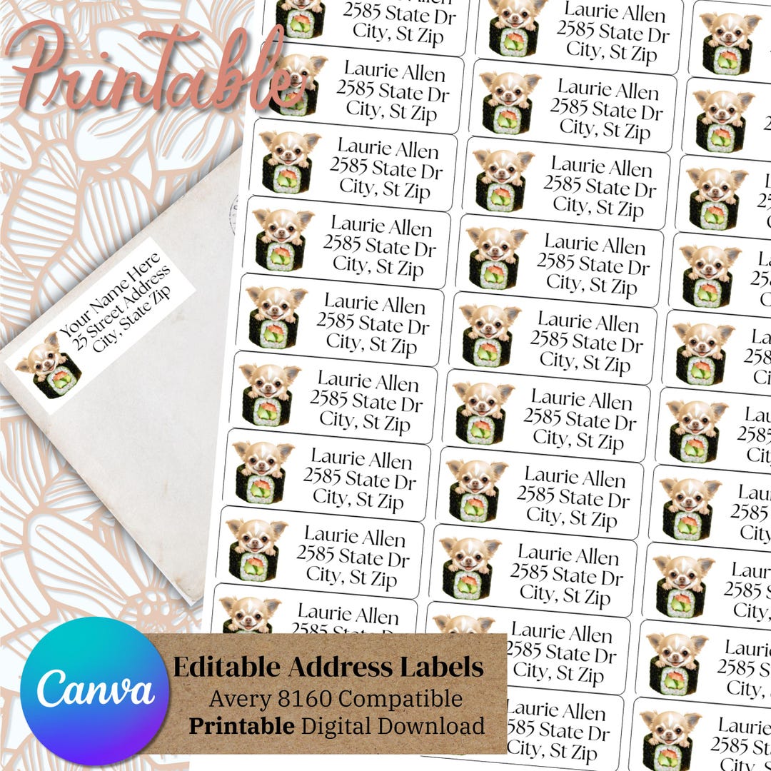 Editable Chihuahua Address Label Template Canva, Chi & Sushi Avery 8160 ...