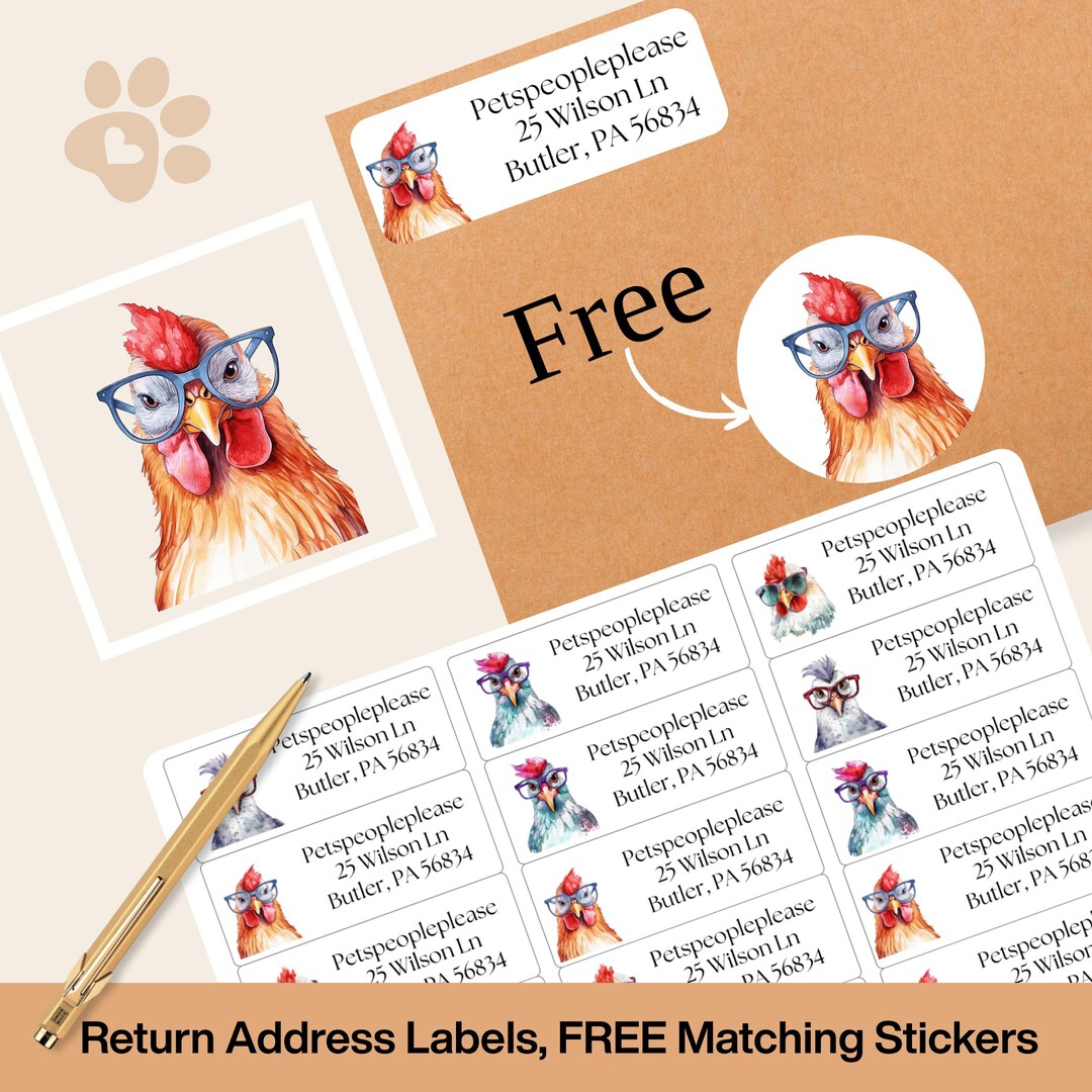 Funny Chickens With Glasses Address Labels With FREE Matching Stickers ...