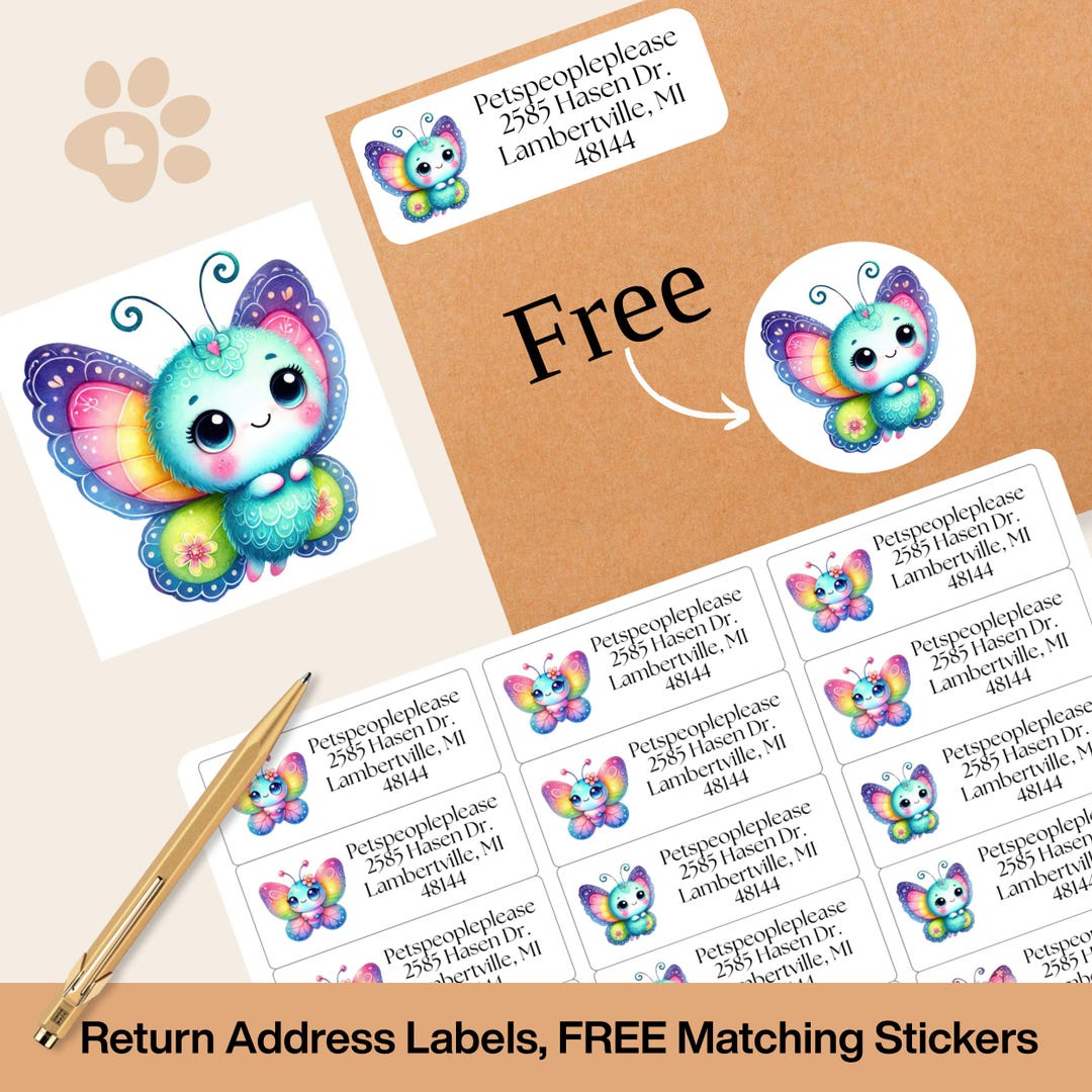 Cute Kawaii Butterfly Return Address Label Kids FREE Matching Stickers ...