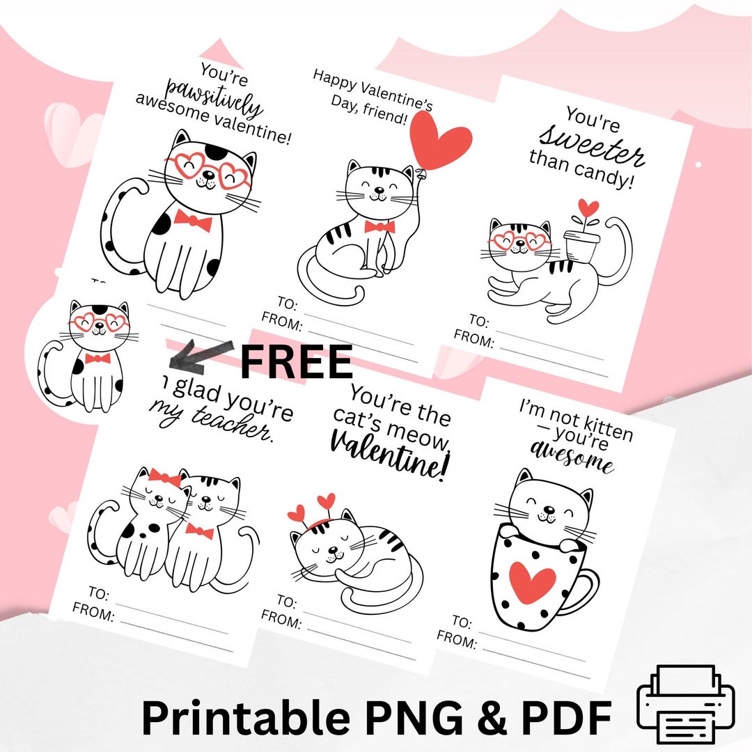 Printable Cat School Classroom Valentines With Teacher Card - FREE ...