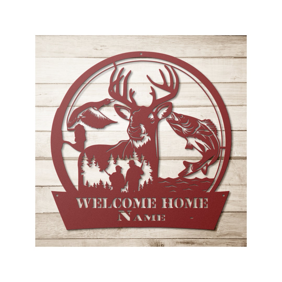 Personalized Fishing Hunting Deer Scene Welcome Metal Sign - Custom ...