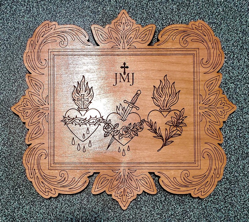 Three Hearts of the Holy Family Engraved on Cherry - Etsy