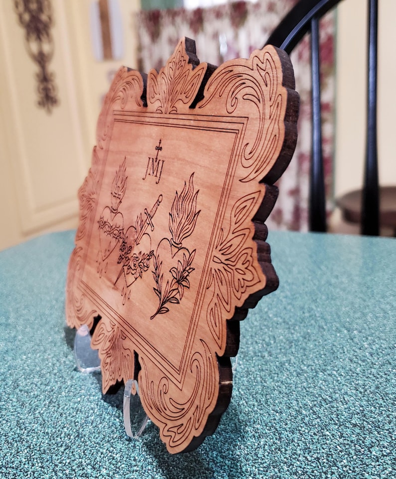 Three Hearts of the Holy Family Engraved on Cherry - Etsy
