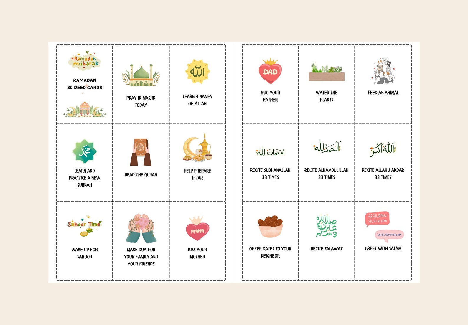 Ramadan 30 Deed Cards Printable / Islamic Flashcards / Printable ...