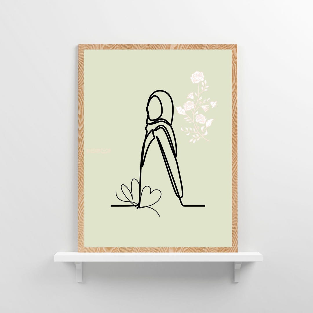 Hijabi Woman Line Art Print, Green Islamic Wall Decor (digital Download ...