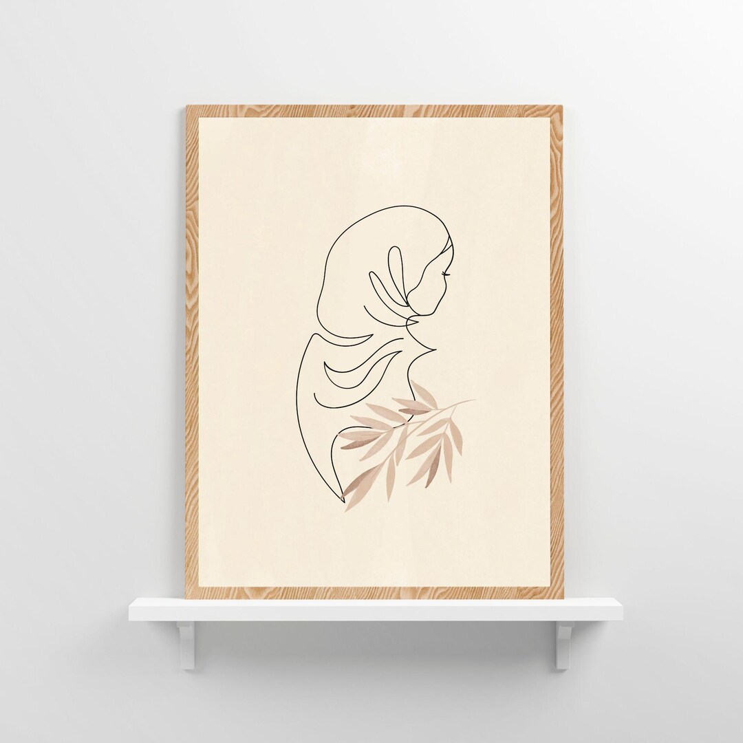 Beige Hijabi Woman Line Art Print, Modern Islamic Wall Decor (digital ...