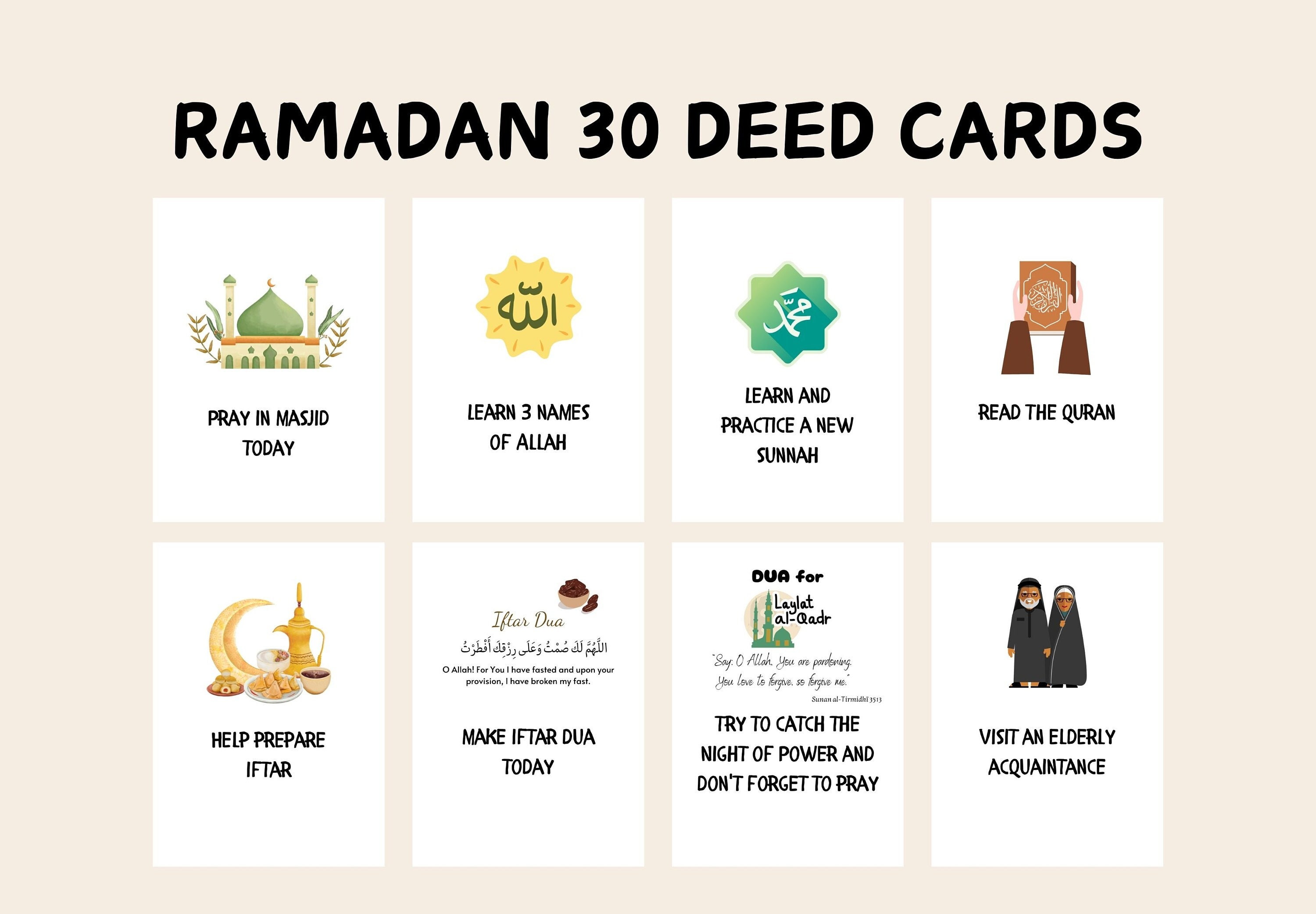 Ramadan 30 Deed Cards Printable / Islamic Flashcards / Printable ...